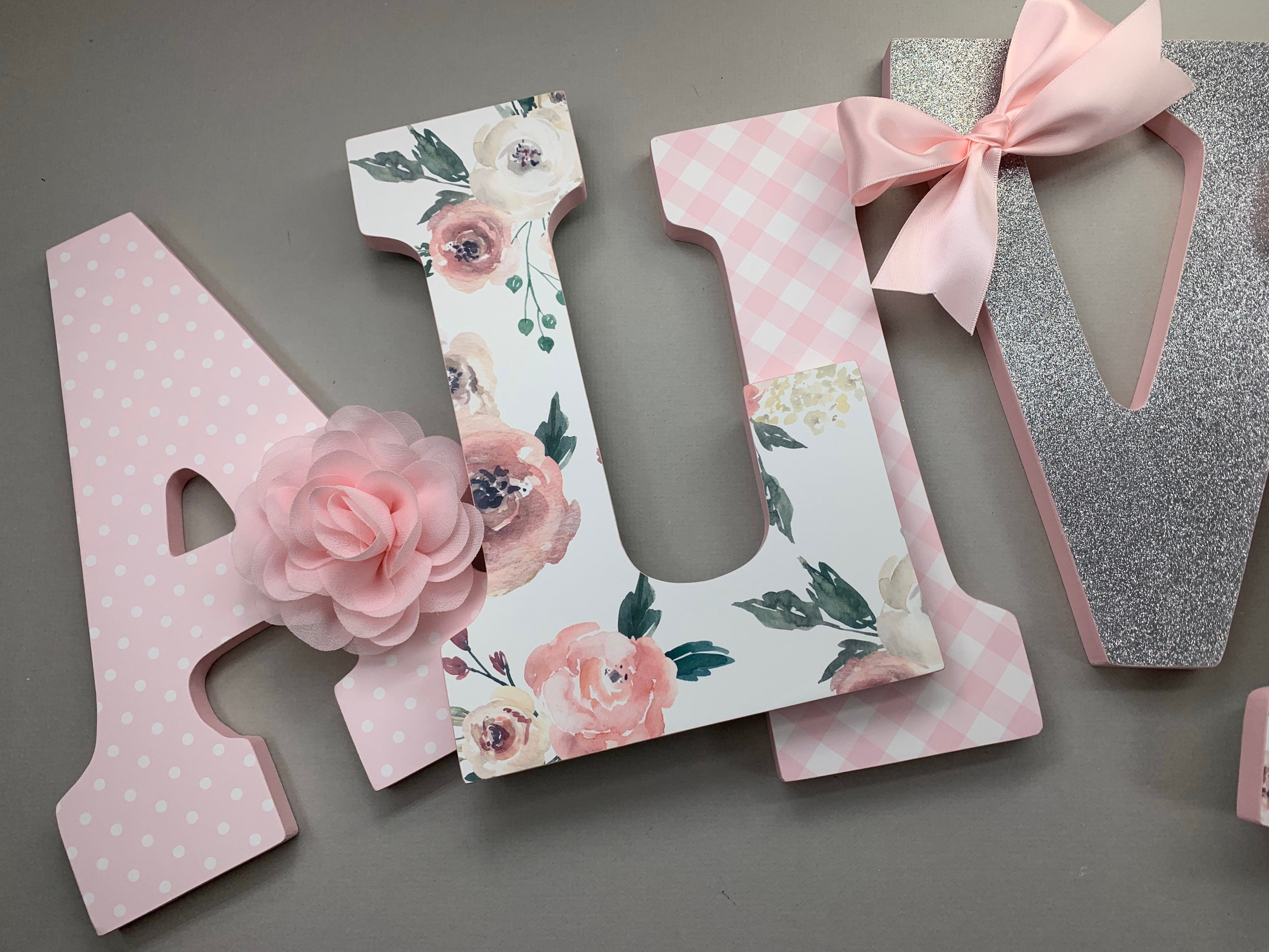 Alivia Pink and Silver Floral Nursery Letters Pink and Grey | Etsy