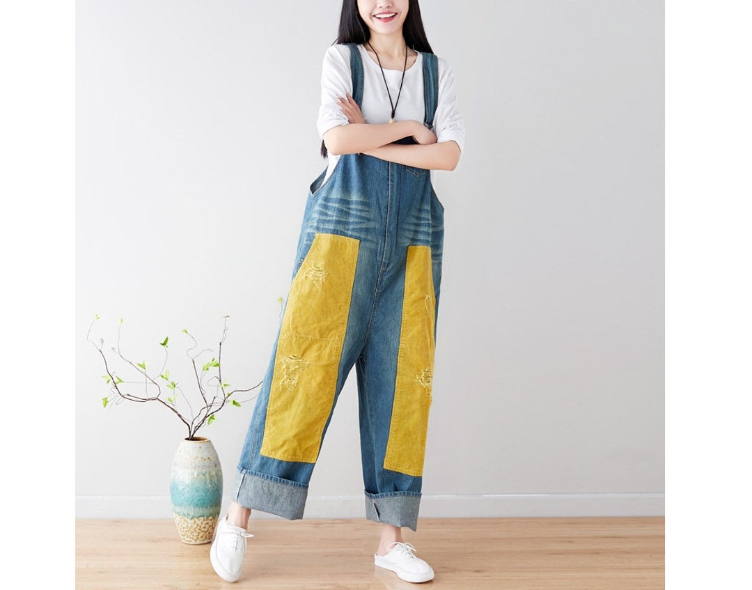 Womens Loose Fitting Ripped Patch Overalls With Pockets - Etsy
