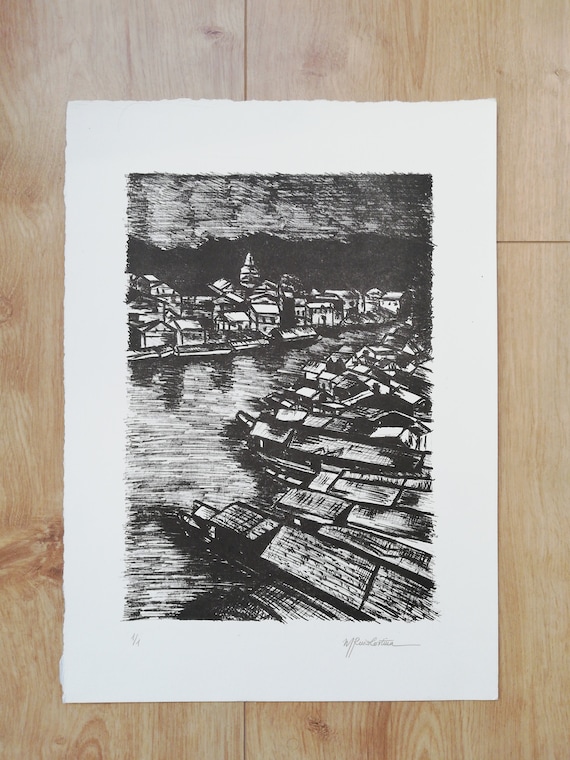 Art & Collectibles Lithographs City Engraving Small Boats Engraving ...