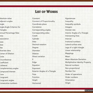 MATH WORD WALL Vocabulary Middle School 120words Definitions Pictures ...