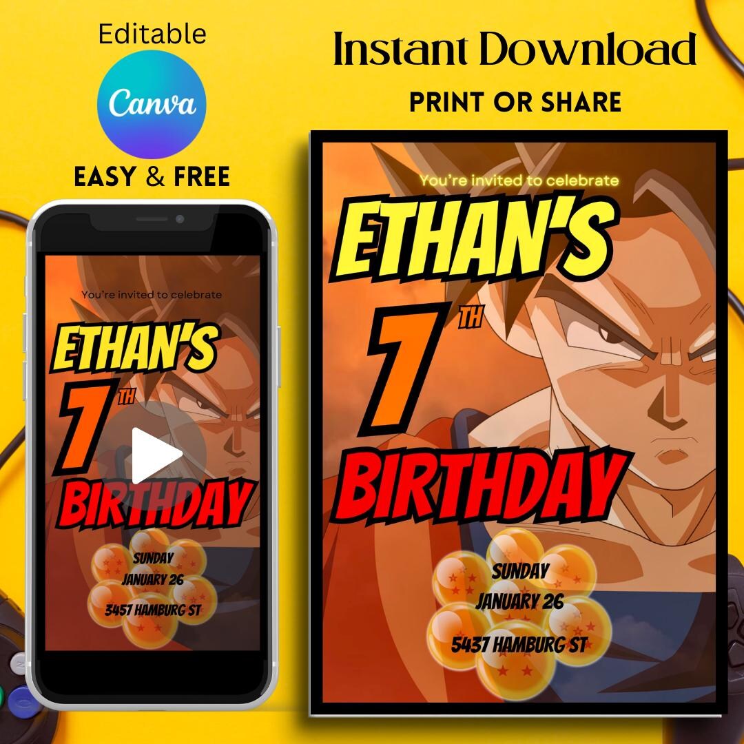 Editable Goku Birthday Invitation, Dragon Ball Birthday Invitation ...