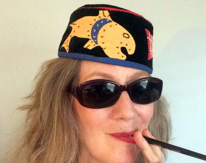 Vintage Fez Tarboosh Hat Black Velvet Fez Fish Appliqued Pillbox Hat ...