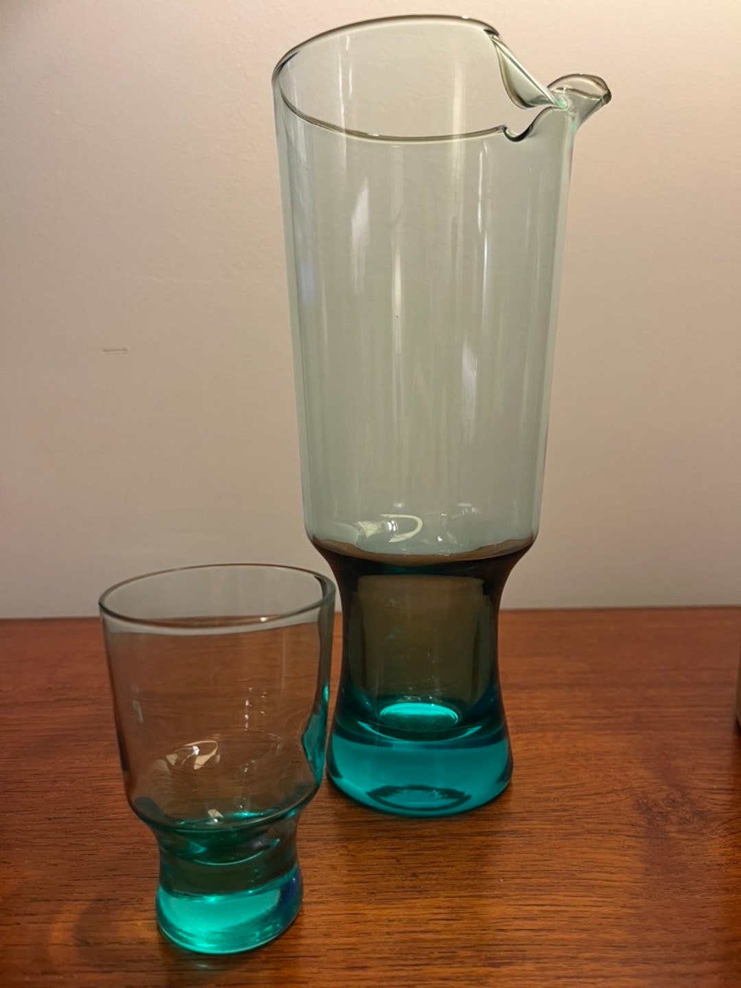 Vintage Sasaki Harmony Aqua Cocktail Blown Glass Pitcher With One Glass ...