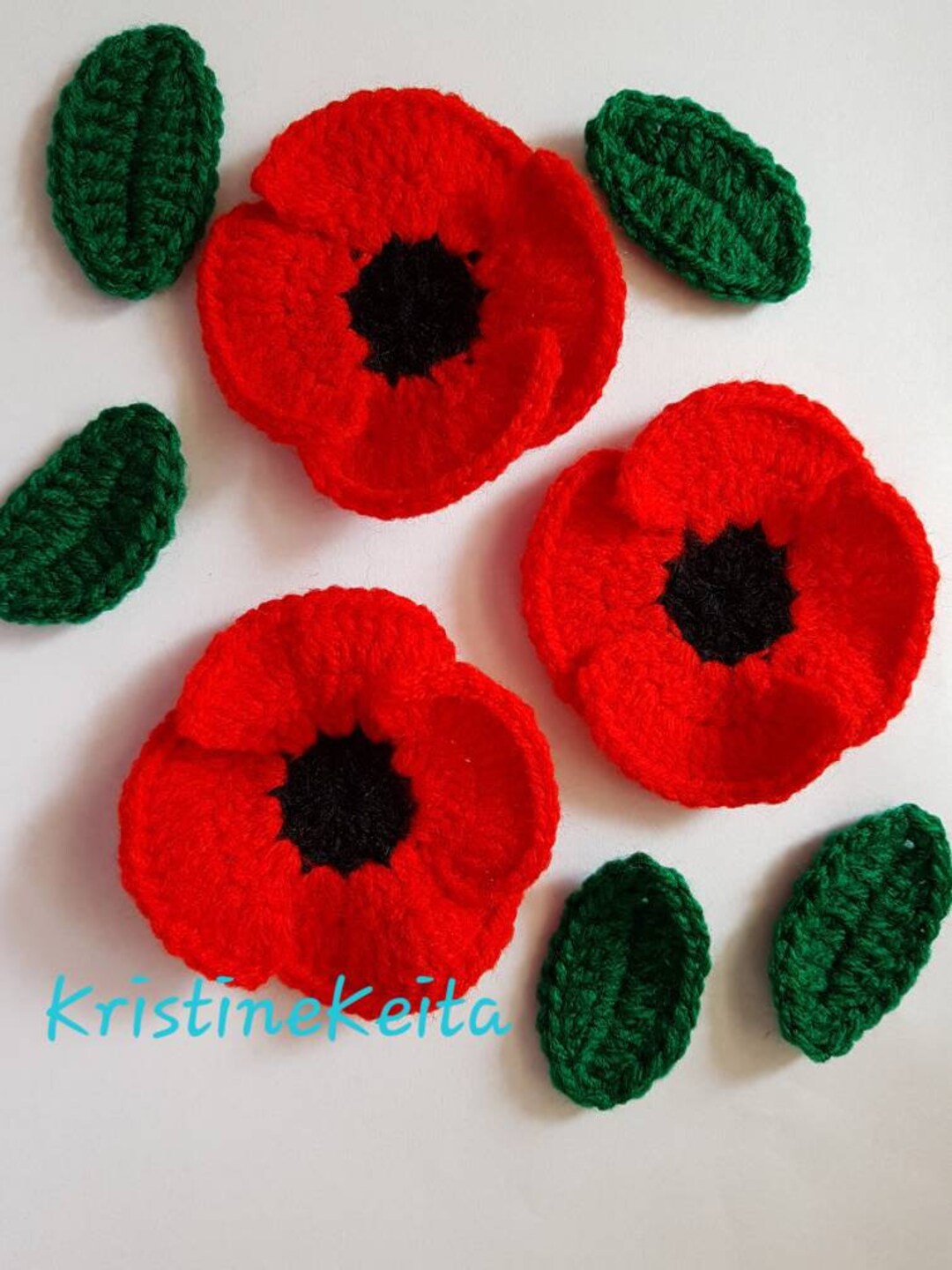 Crochet Poppy Flower Appliques,3poppy Flowers,5 Leaves,acrylic Yarn ...
