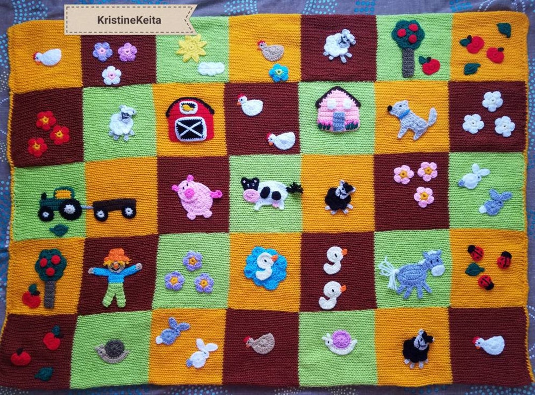 Knitted/crochet Baby Farm Blanket/farm Animals/barn/apple Tree/cow ...