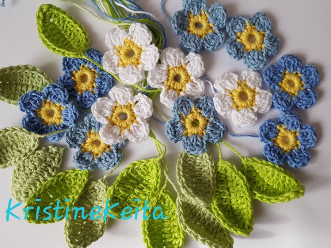 12 Crochet Flower and 12 Leaf Appliques,embellishments,sewing,blue ...