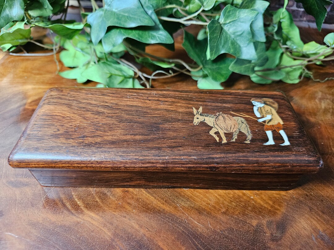 Hard Wood Box. Hinged Lid. Detailed Inlay of a Man & Donkey. Rounded ...
