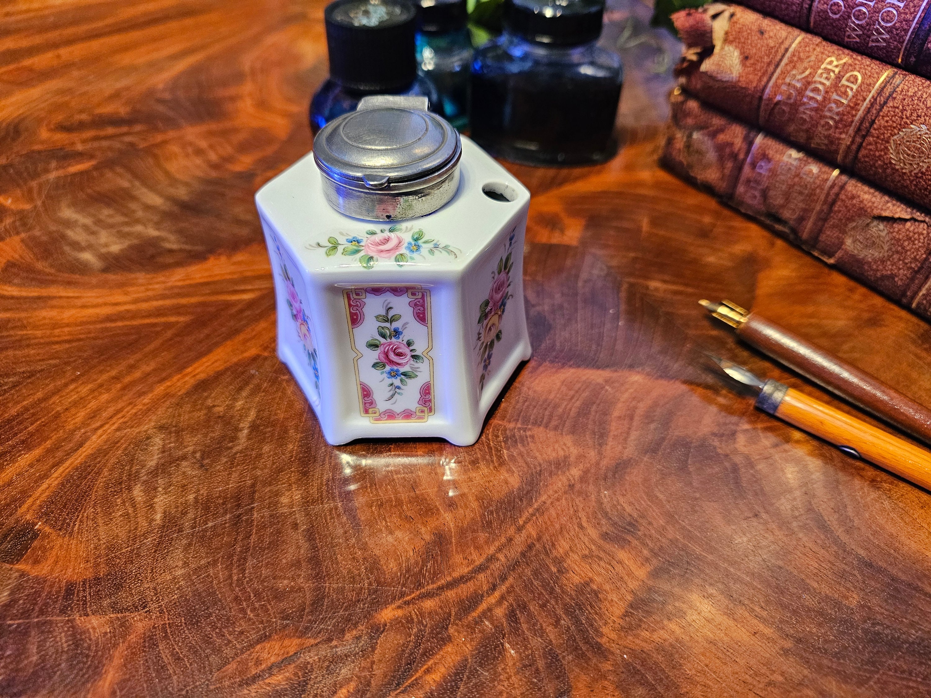 French Inkwell With Pewter Lid. Floral Design. Hexagonal Shape. Very ...