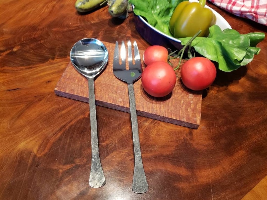 Sleek Serving Fork & Spoon Set. Stainless Steel. Vintage Hand Forged ...