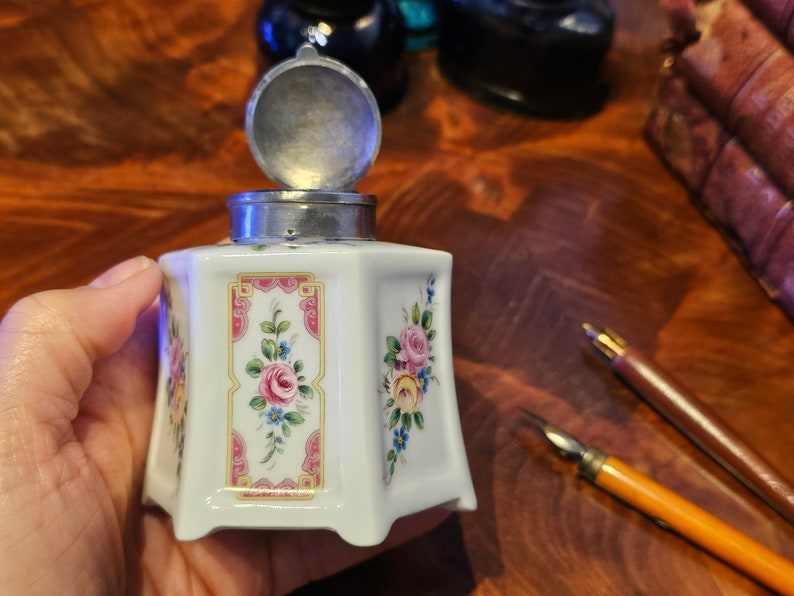 French Inkwell With Pewter Lid. Floral Design. Hexagonal Shape. Very ...
