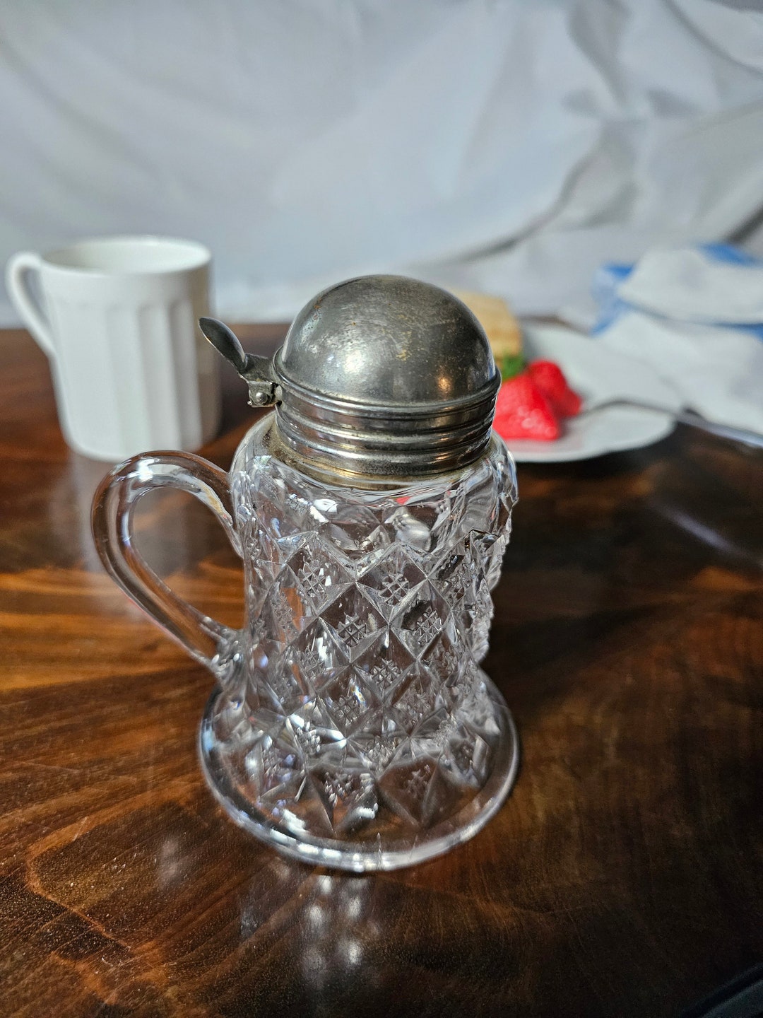 Fostoria Glass Syrup Jug With Pouring Spout Hinged Lid. Great Condition ...