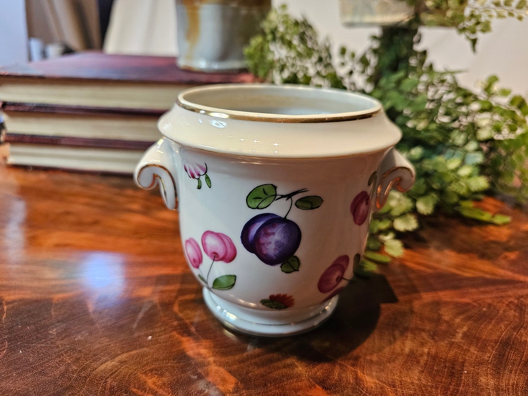 Cachet Pot With Gold Trim. Fruit, Greenery Design Solid Base. Very Good ...