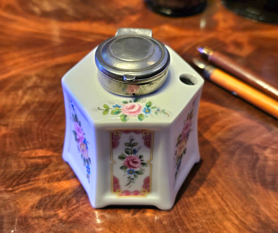 French Inkwell With Pewter Lid. Floral Design. Hexagonal Shape. Very ...