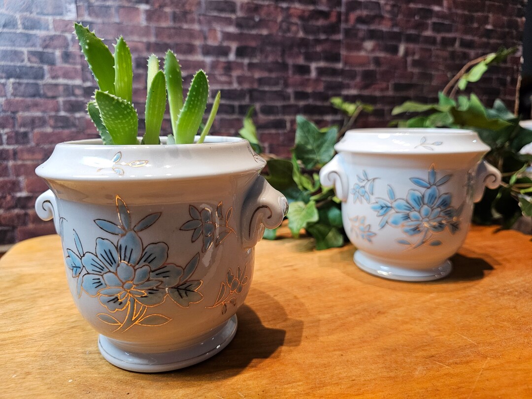2 Blue Embossed Cachet Pots With Gold Highlights. Great Condition ...