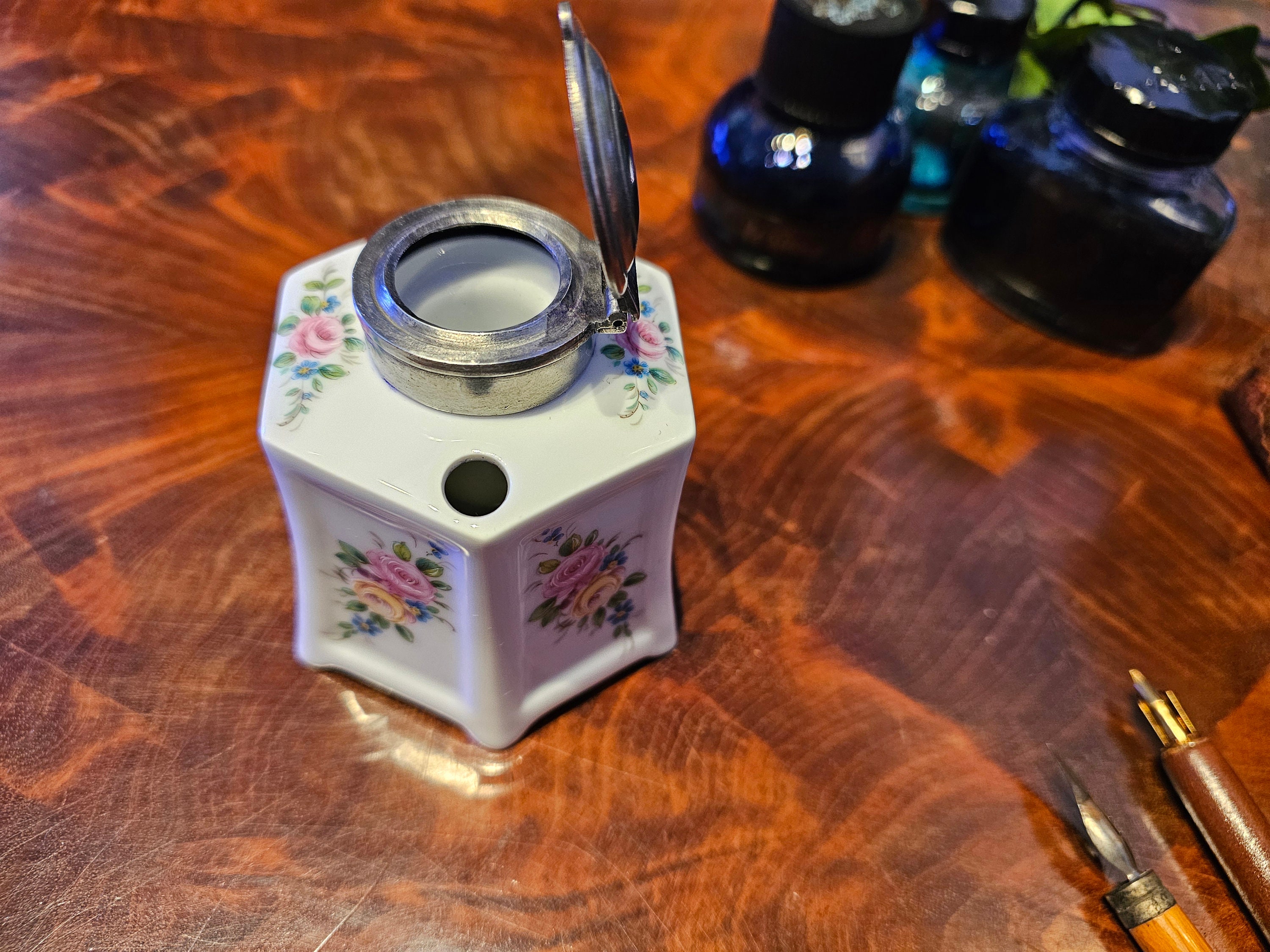 French Inkwell With Pewter Lid. Floral Design. Hexagonal Shape. Very ...