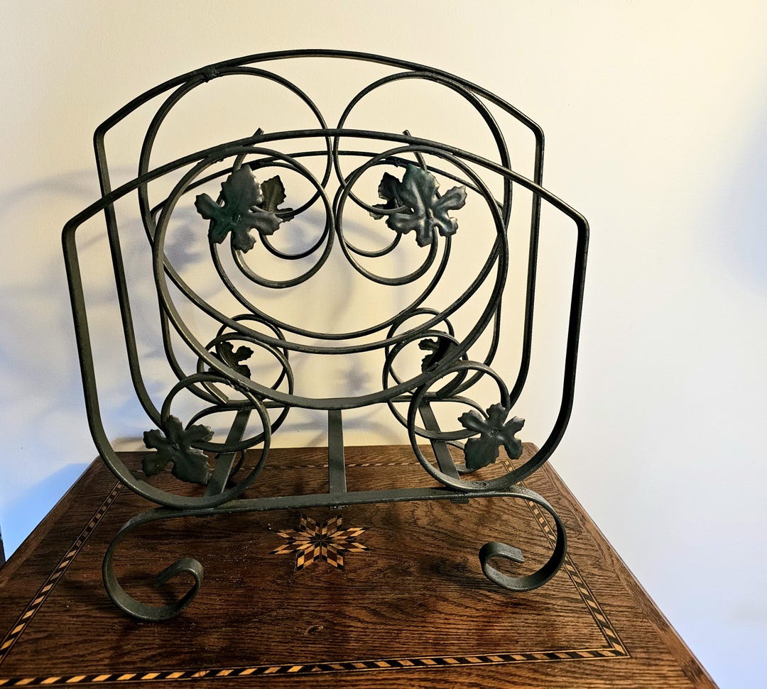 Vintage Iron Scroll Magazine/ Book Rack in Steel Gray & Wisps of Green ...