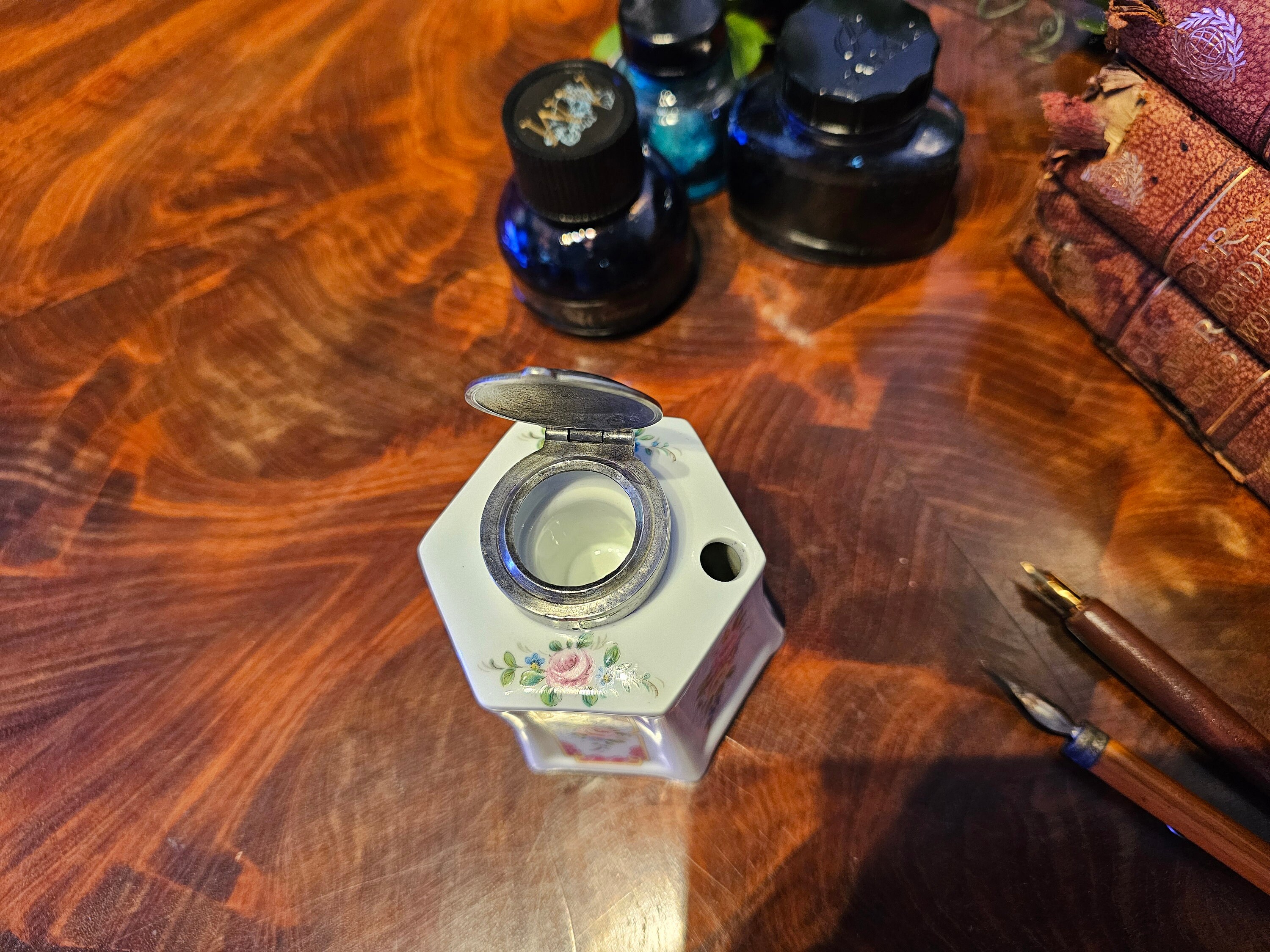 French Inkwell With Pewter Lid. Floral Design. Hexagonal Shape. Very ...