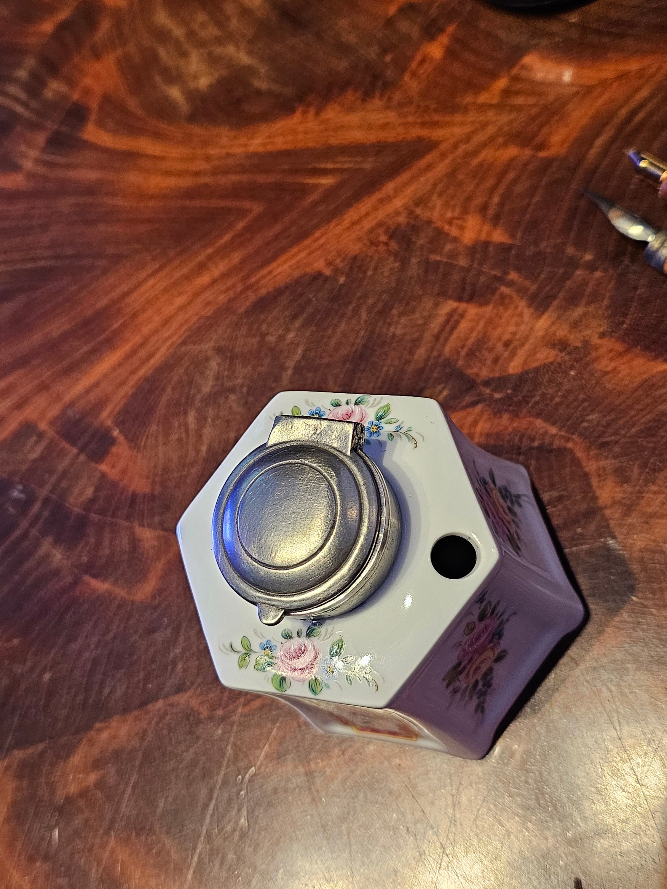 French Inkwell With Pewter Lid. Floral Design. Hexagonal Shape. Very ...