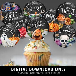 Halloween Cupcake Toppers, Halloween Watercolor Decor, Halloween ...