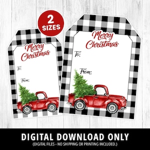 Christmas Red Truck Gift Tags, Christmas Gift Tag, Black and White ...