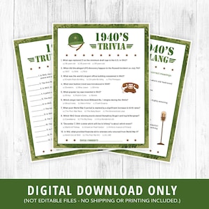 1940s Trivia Games Printable, 1940s Trivia Game, 1940s True or False ...