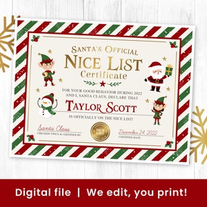 Santa's Nice List Certificate, Printable Nice List Certificate, Elf ...