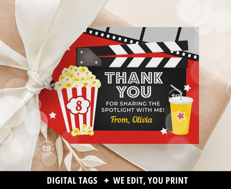 Movie Thank You Tags, Movie Night Favor Tags, Movie Night Party Favors ...