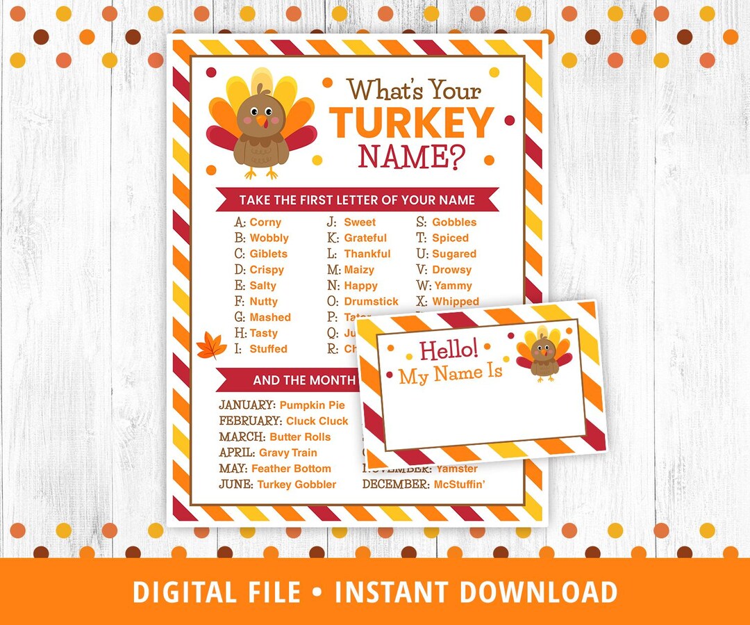 Turkey Name Game Sign, What's Your Turkey Name, Thanksgiving Party Sign ...