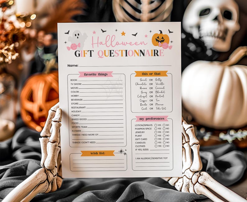 Halloween Gift Exchange Questionnaire, Printable Pink Favorite Things ...