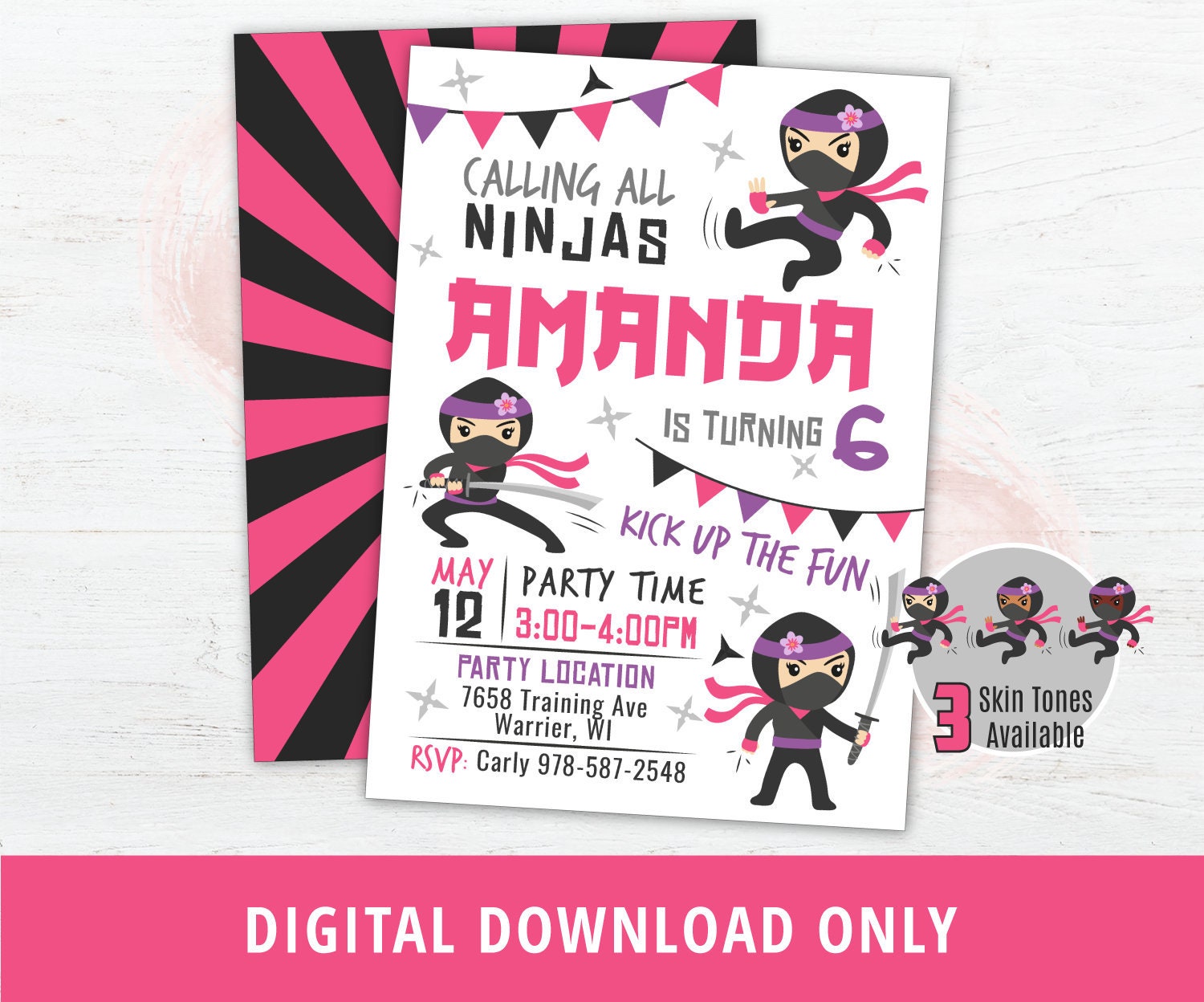 Ninja Girl Birthday Invitation Ninja Party Printable Ninja - Etsy Australia