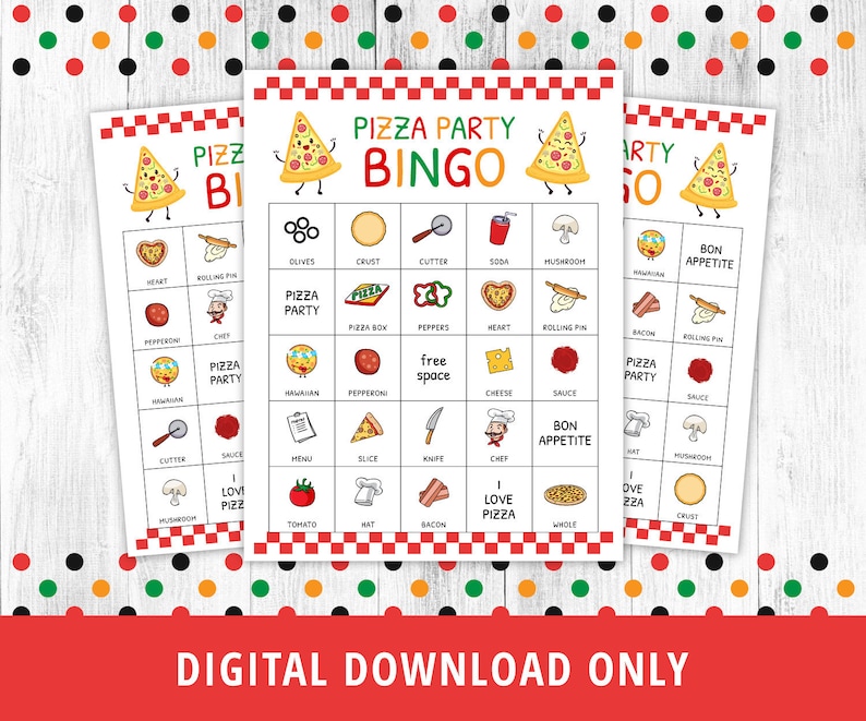 Pizza Bingo, Pizza Party Games, Printable Games, Kids Printable Party ...