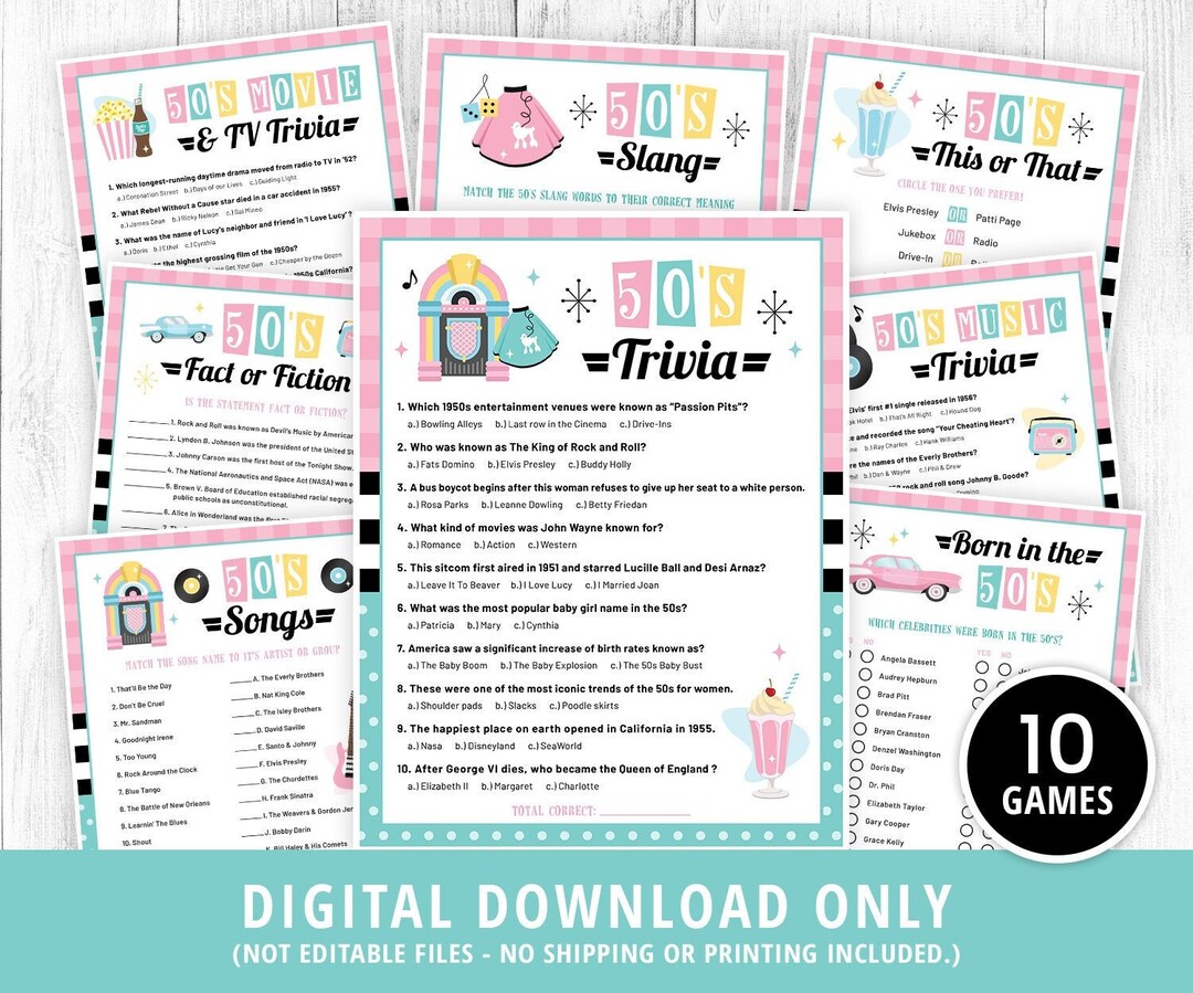 50s Games Bundle Printable 50s Activities 50s Party Games - Etsy