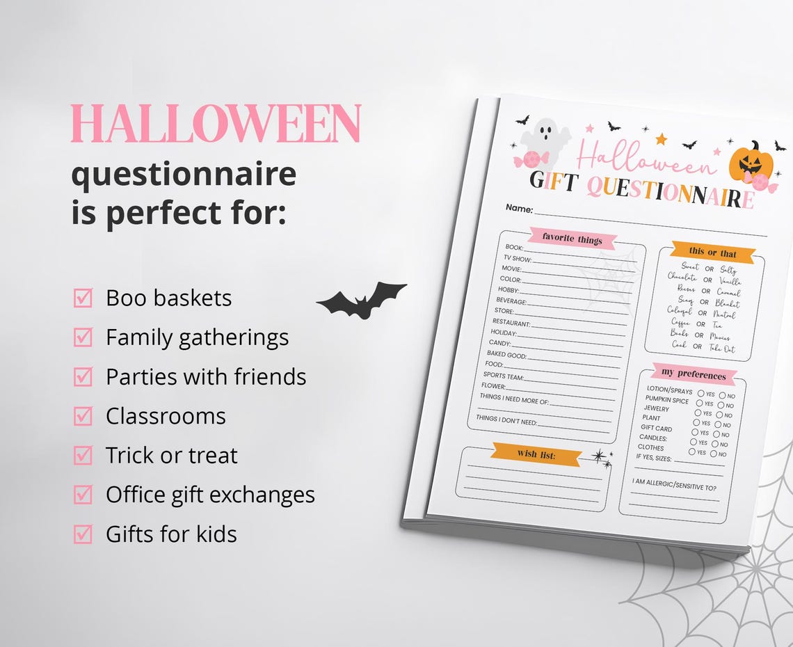Halloween Gift Exchange Questionnaire, Printable Pink Favorite Things ...