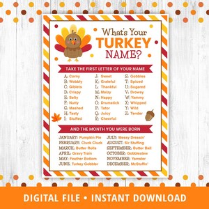 Turkey Name Game Sign, What's Your Turkey Name, Thanksgiving Party Sign ...