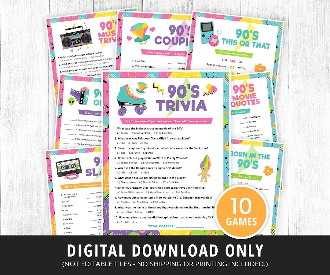 90s Games Bundle Printable, 90s Party Games, 90s Trivia, 90s Activities ...