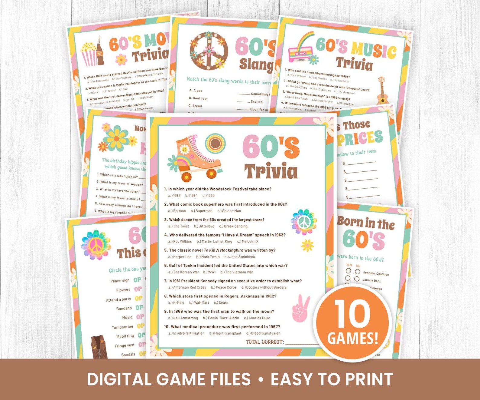 60s Games Bundle Printable, 60s Activities, 60s Party Games, 60s Trivia ...