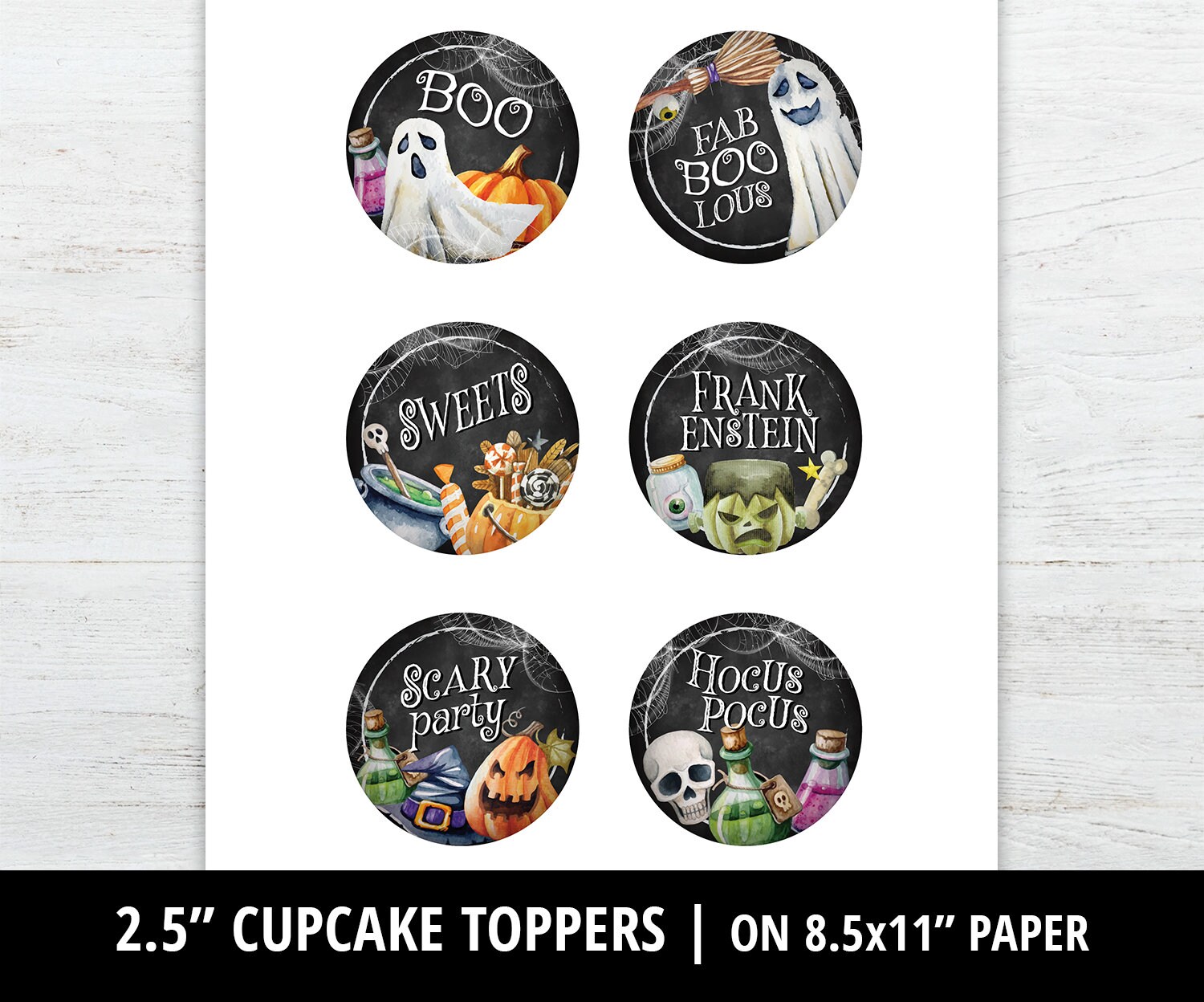 Halloween Cupcake Toppers, Halloween Watercolor Decor, Halloween ...