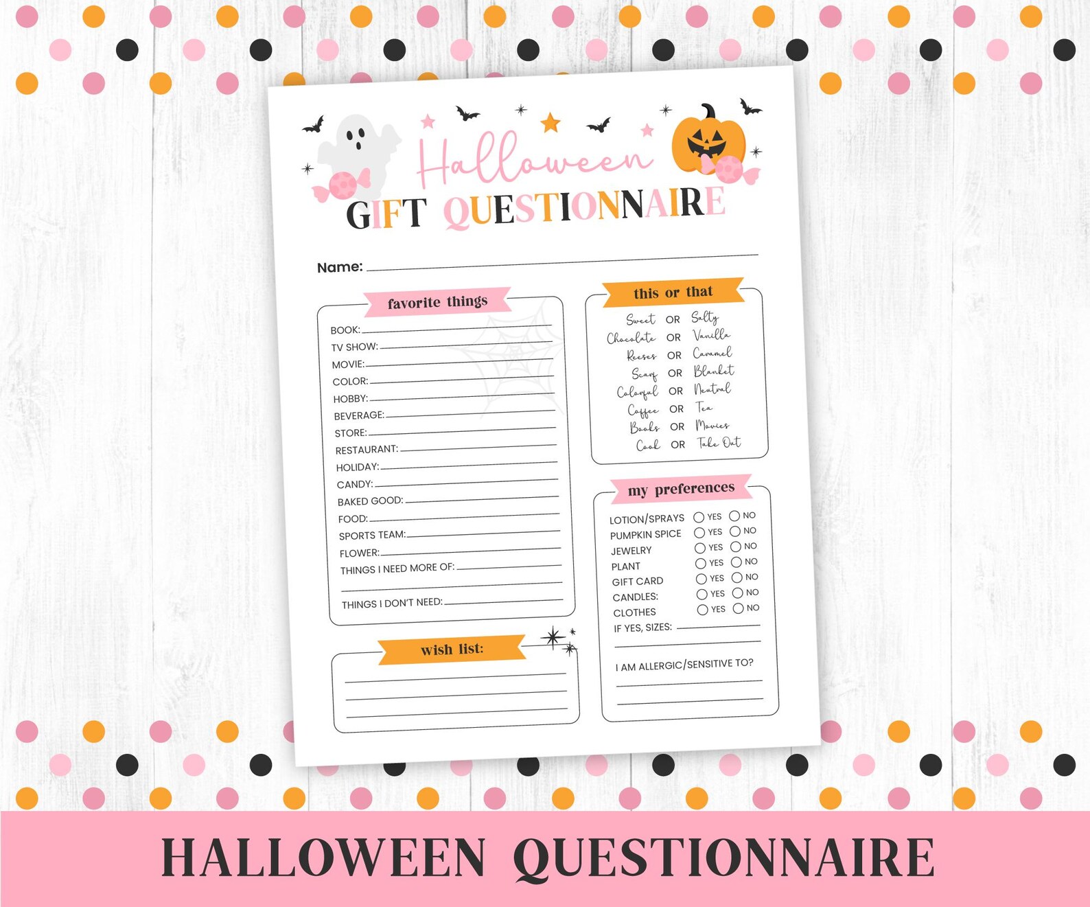 Halloween Gift Exchange Questionnaire, Printable Pink Favorite Things ...