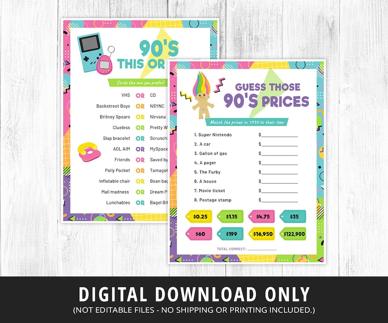 90s Games Bundle Printable, 90s Party Games, 90s Trivia, 90s Activities ...