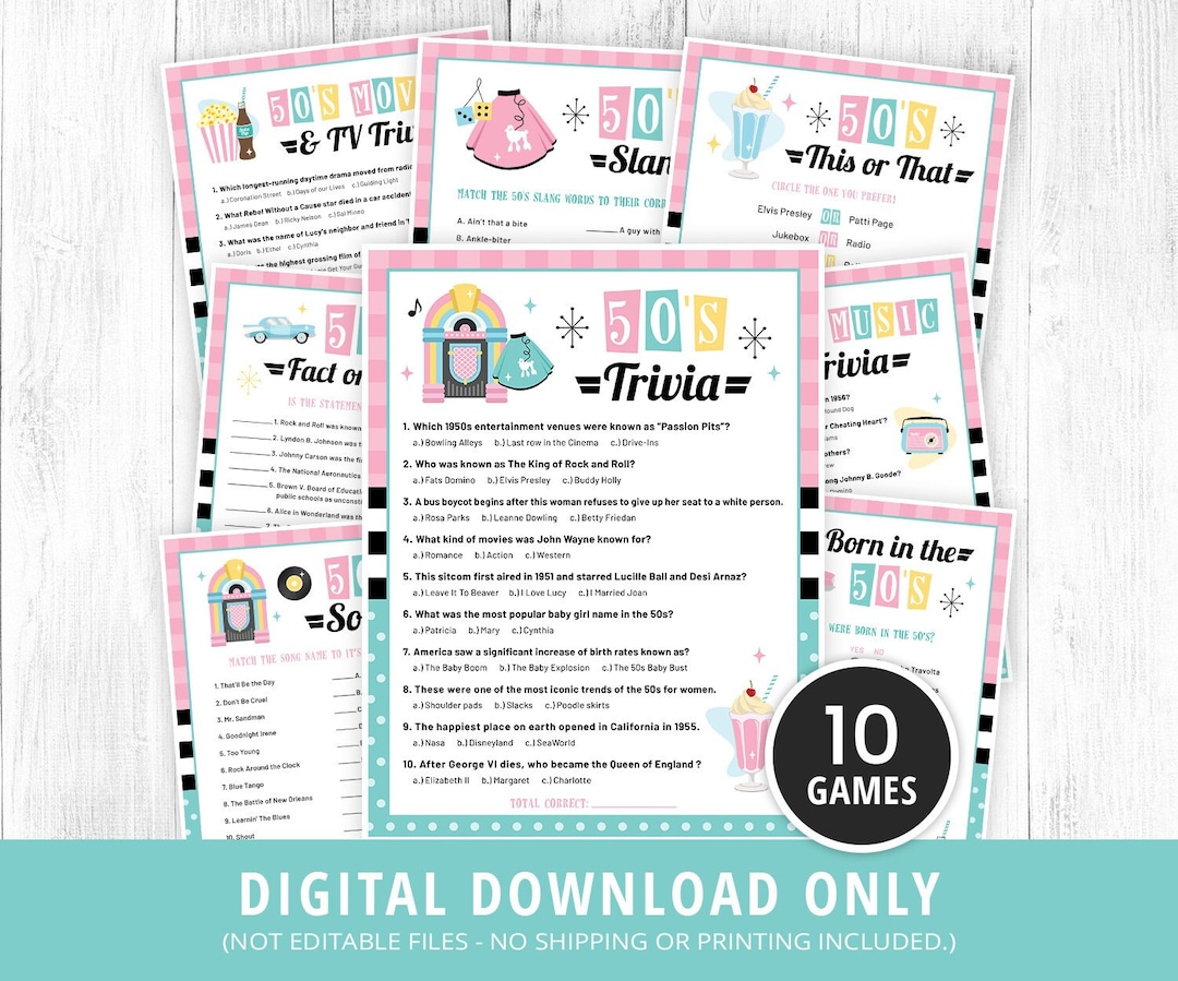 50s Games Bundle Printable, 50s Activities, 50s Party Games, 50s Trivia ...