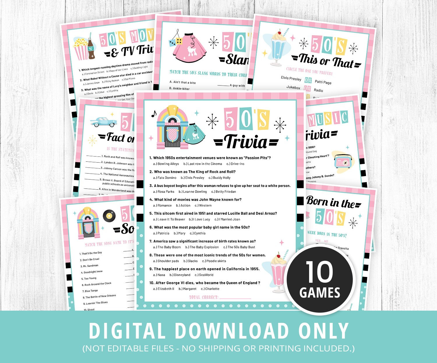 50s Games Bundle Printable, 50s Activities, 50s Party Games, 50s Trivia ...