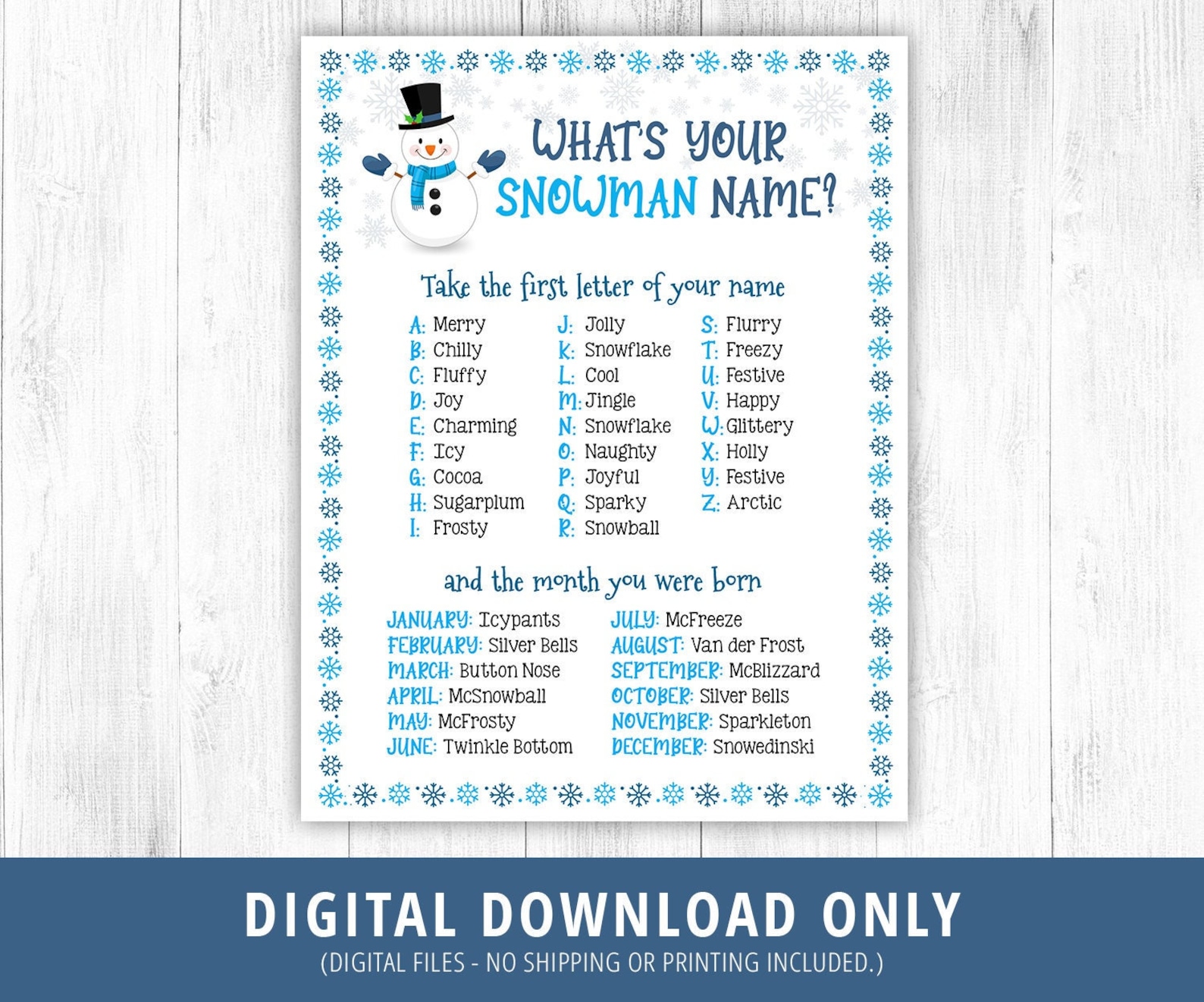 What's Your Snowman Name Sign Snowman Name Game Winter - Etsy