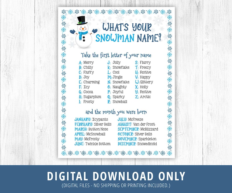 What's Your Snowman Name Sign Snowman Name Game Winter - Etsy