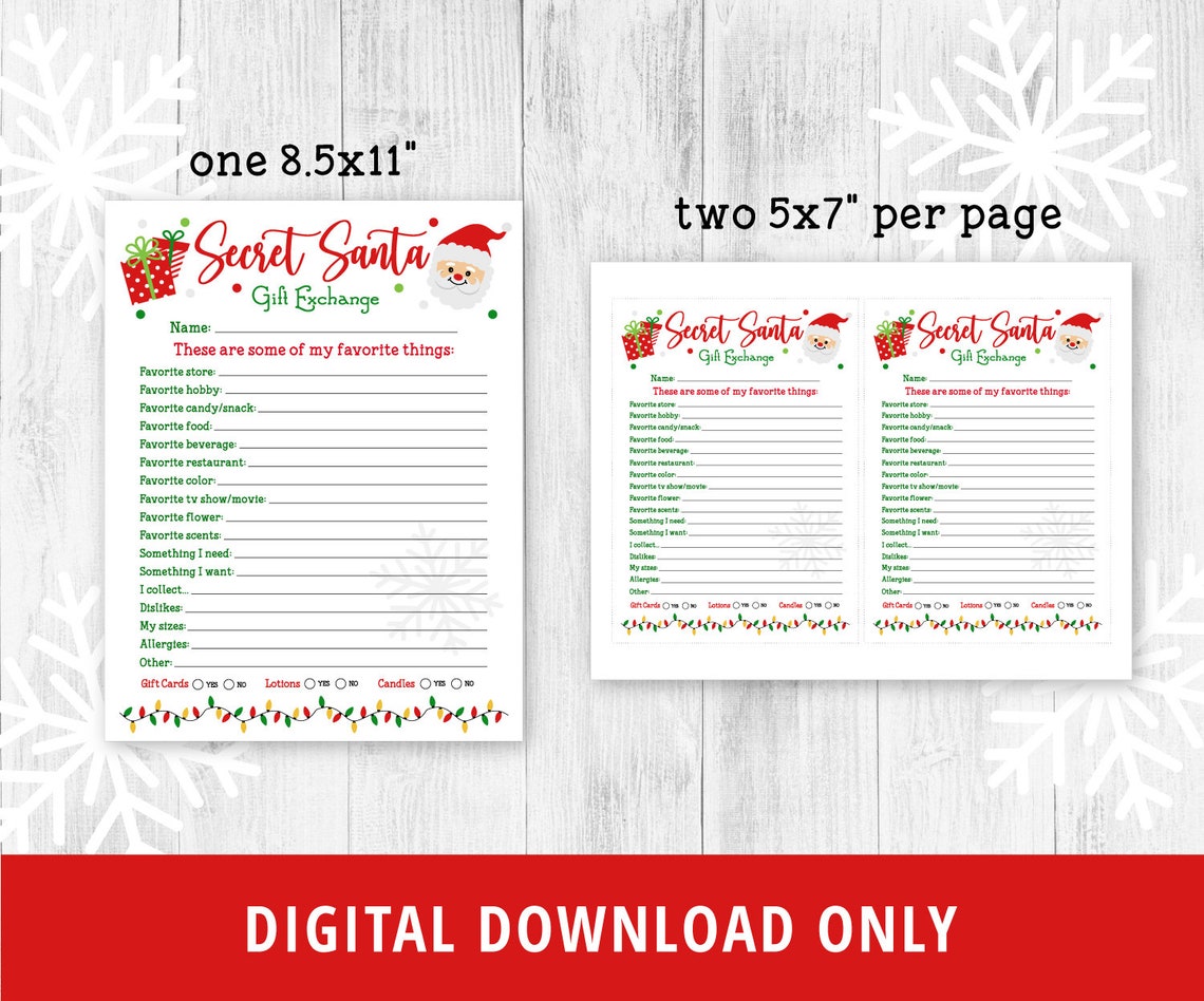 Secret Santa Gift Exchange Printable Gift Questionnaire - Etsy