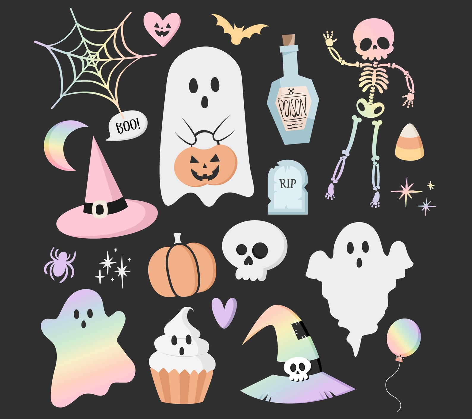 Cute Halloween Clipart, Pastel Halloween Clipart, Iridescent Halloween ...