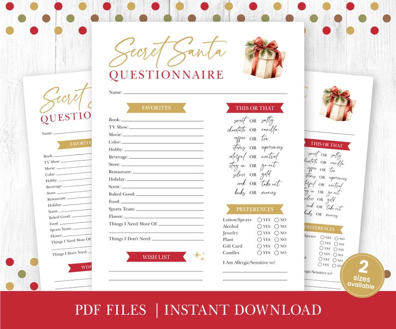 Secret Santa Gift Questionnaire for Coworkers Printable, Adult Gift ...