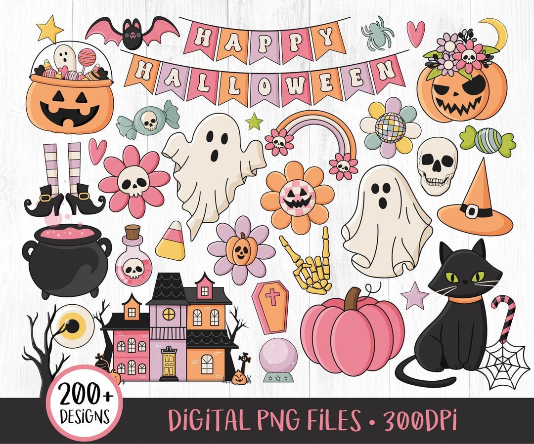 Retro Halloween Pink Clipart, Cute Groovy Halloween Clipart Spooky ...