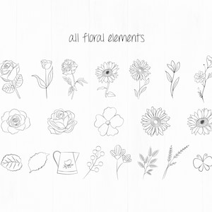 Floral Line Art Clipart, Hand-drawn Flowers, Botanical Doodles, Flower ...