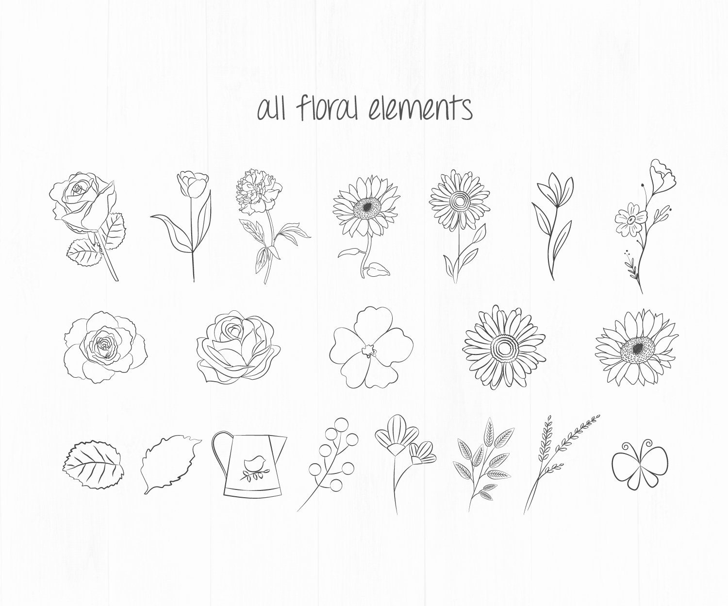 Floral Line Art Clipart, Hand-drawn Flowers, Botanical Doodles, Flower ...
