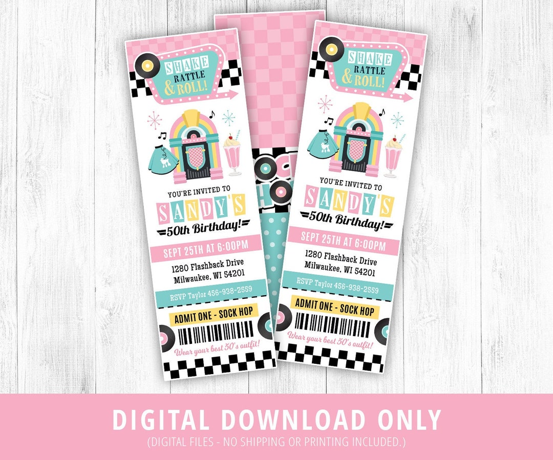 50s Ticket Invitation, 50s Sock Hop Birthday Invitation, 50s Birthday ...